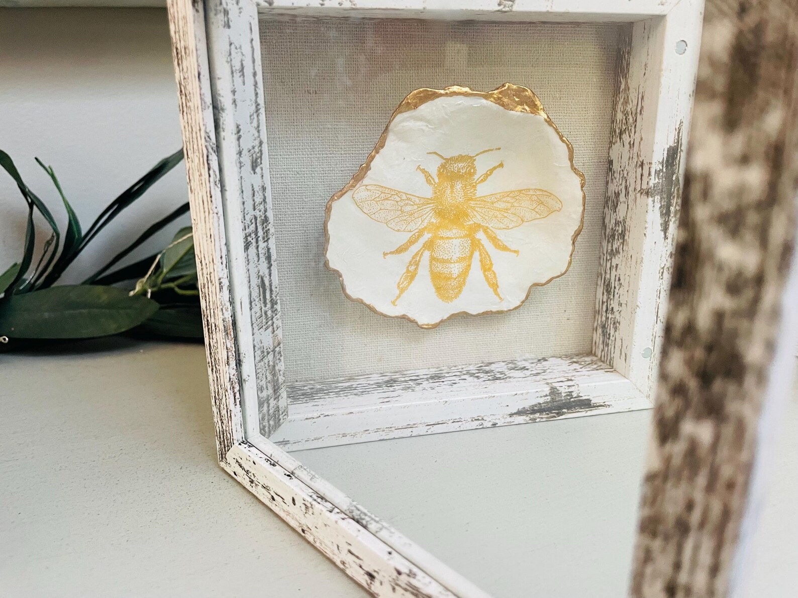 Gold Bumble Bee Decoupage Oyster Shell Art in Rustic Shadow Box - Etsy