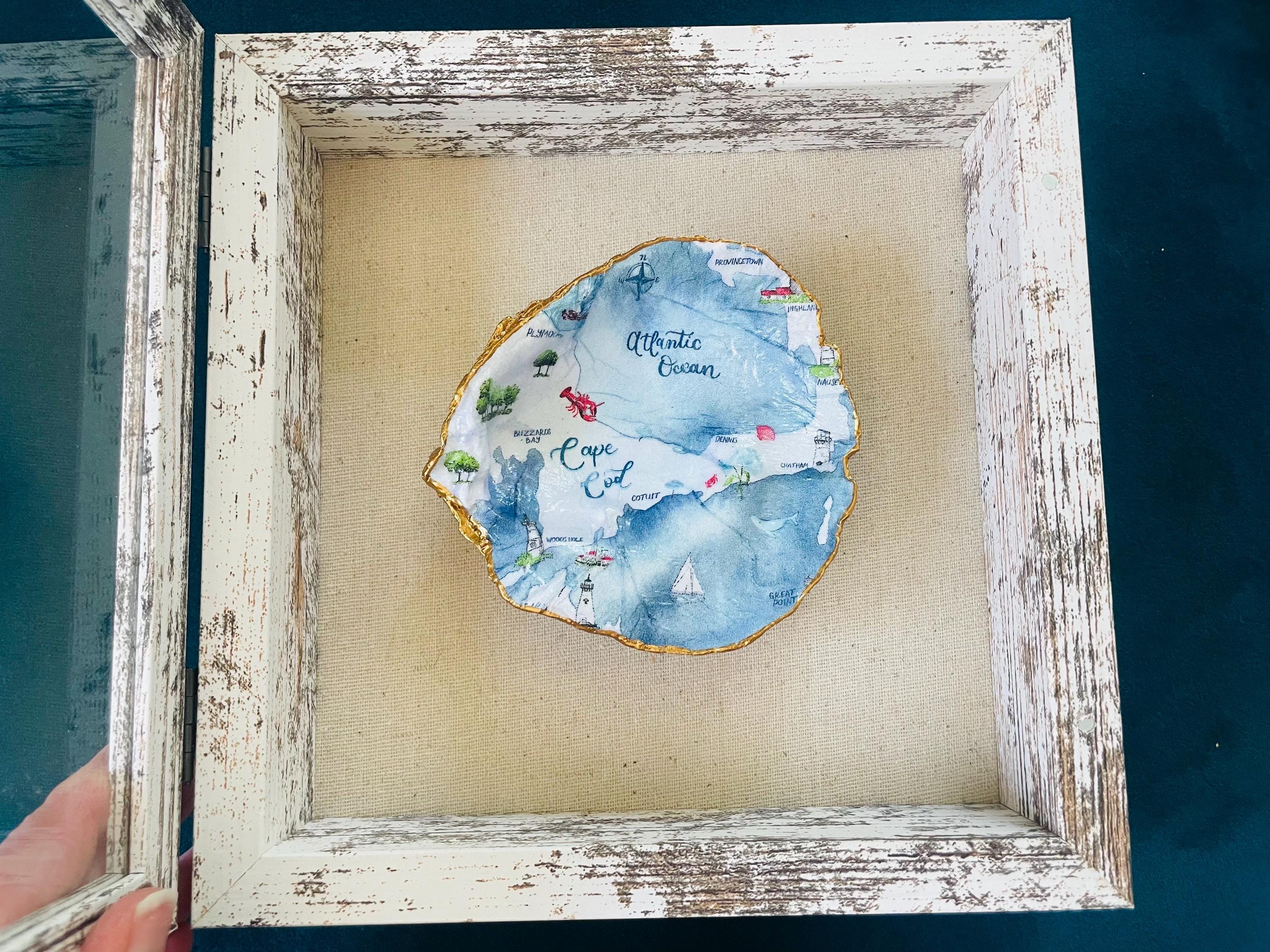 Cape Cod Decoupage Oyster Shell in 8x8 Shadow Box Frame, Coastal Beach ...