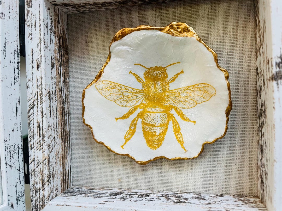 Gold Bumble Bee Decoupage Oyster Shell in 5x5 Shadow Box, Coastal Beach ...