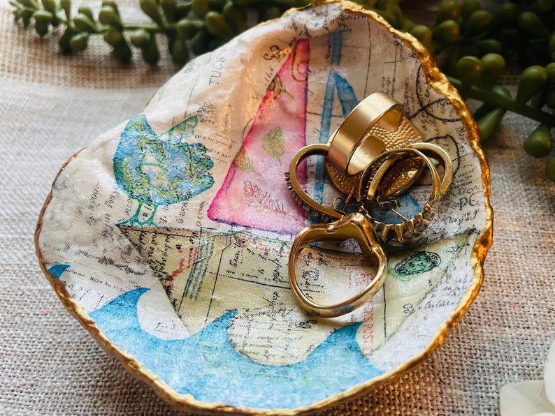 Decoupage Oyster Shell Trinket Dish: Pink and Sailboat With Bird ...