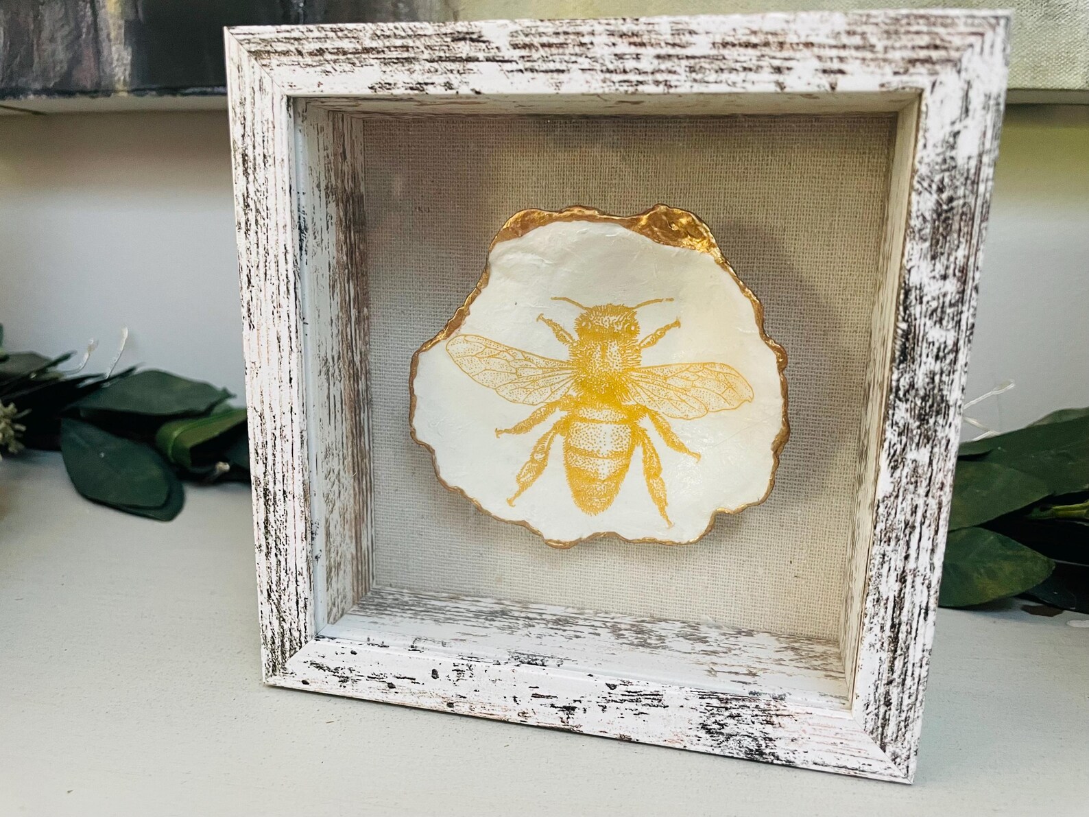 Gold Bumble Bee Decoupage Oyster Shell Art in Rustic Shadow Box - Etsy
