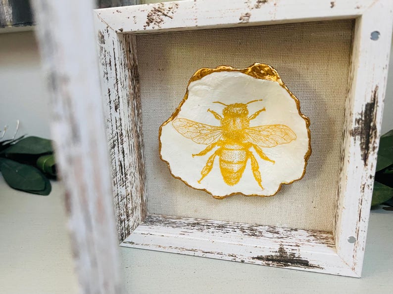 Gold Bumble Bee Decoupage Oyster Shell Art in Rustic Shadow Box - Etsy