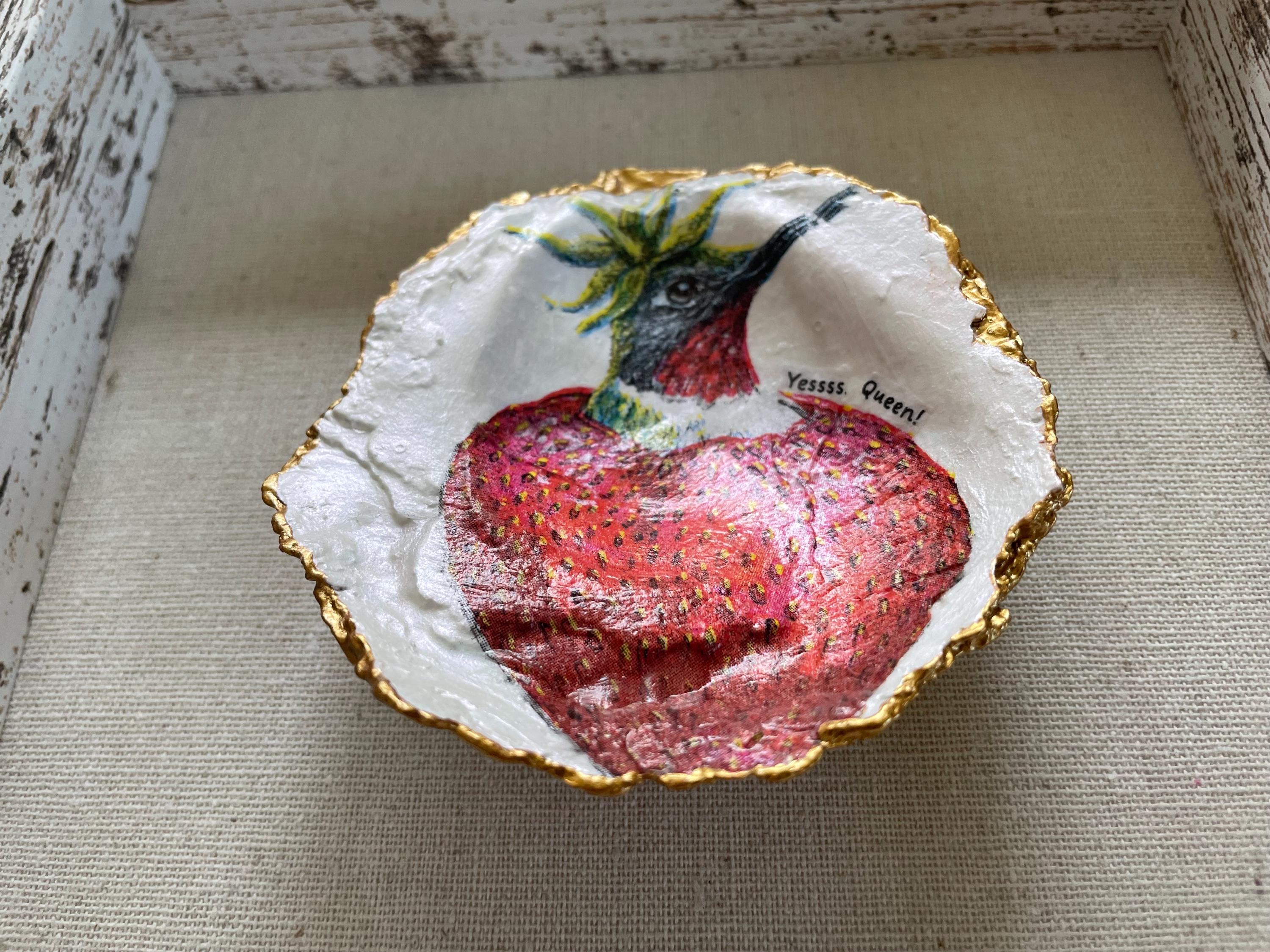 Decoupage Oyster Shell Art: Bird in Strawberry Shadow Box - Etsy