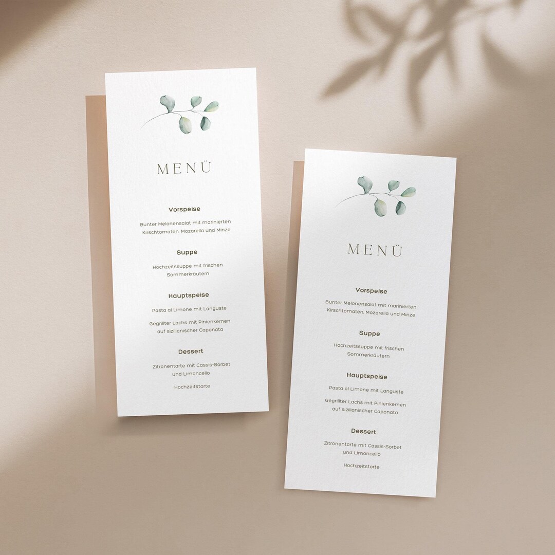 Wedding Menu Card Green Eucalyptus Leaves, Minimalist Wedding Menu ...