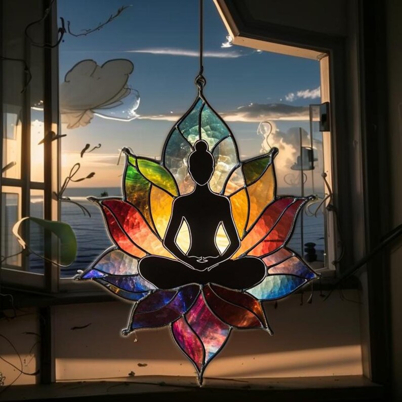 Yoga Lotus Suncatcher - Stained Glass Effect Acrylic Window Hanging ...