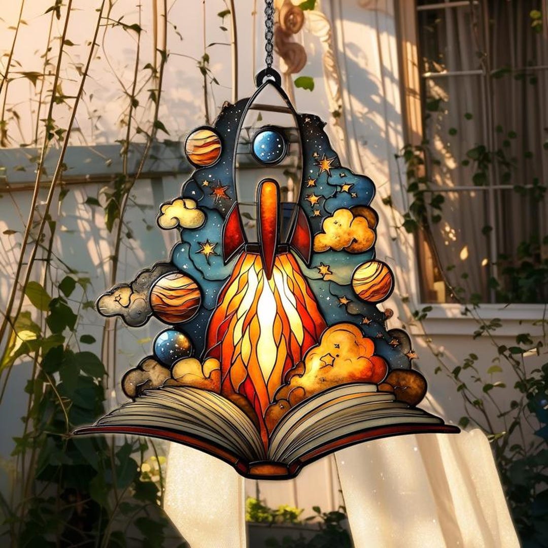 Rocket Book Faux Stained Glass Suncatcher - Space-themed Window Hanging ...