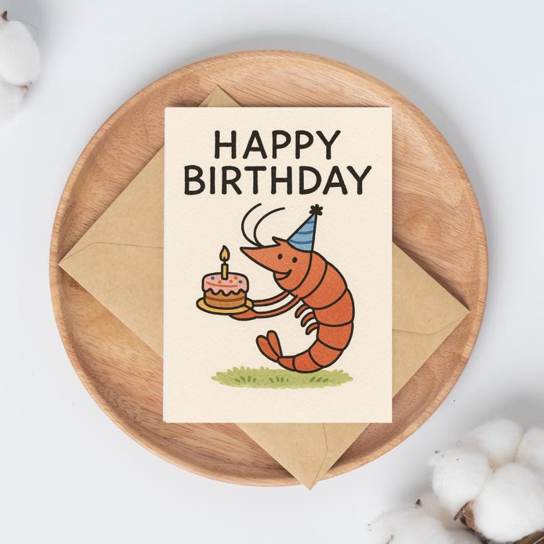 Cute Shrimp Birthday Card - Whimsical Crustacean Greeting Card - Quirky ...