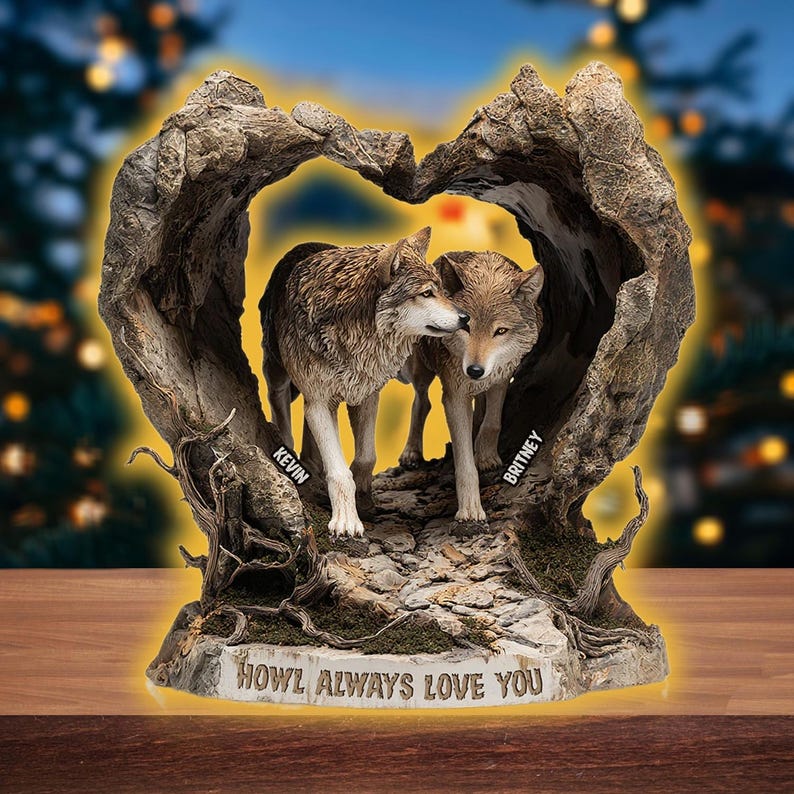 Personalized Wolf Couple Sculpture Acrylic Light Box, Custom Names ...