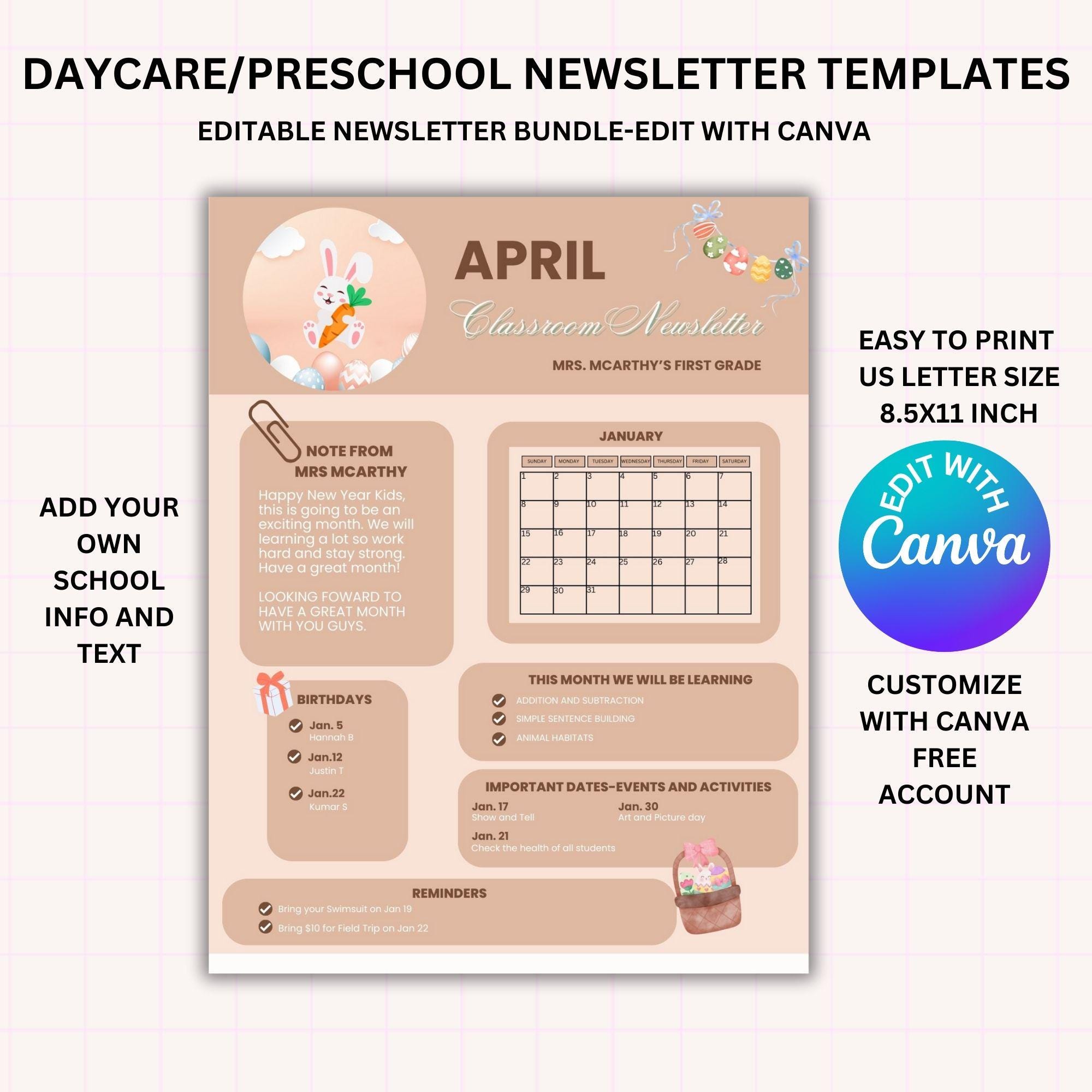 Daycare Newsletter Editable Template Bundle Monthly Classroom News ...