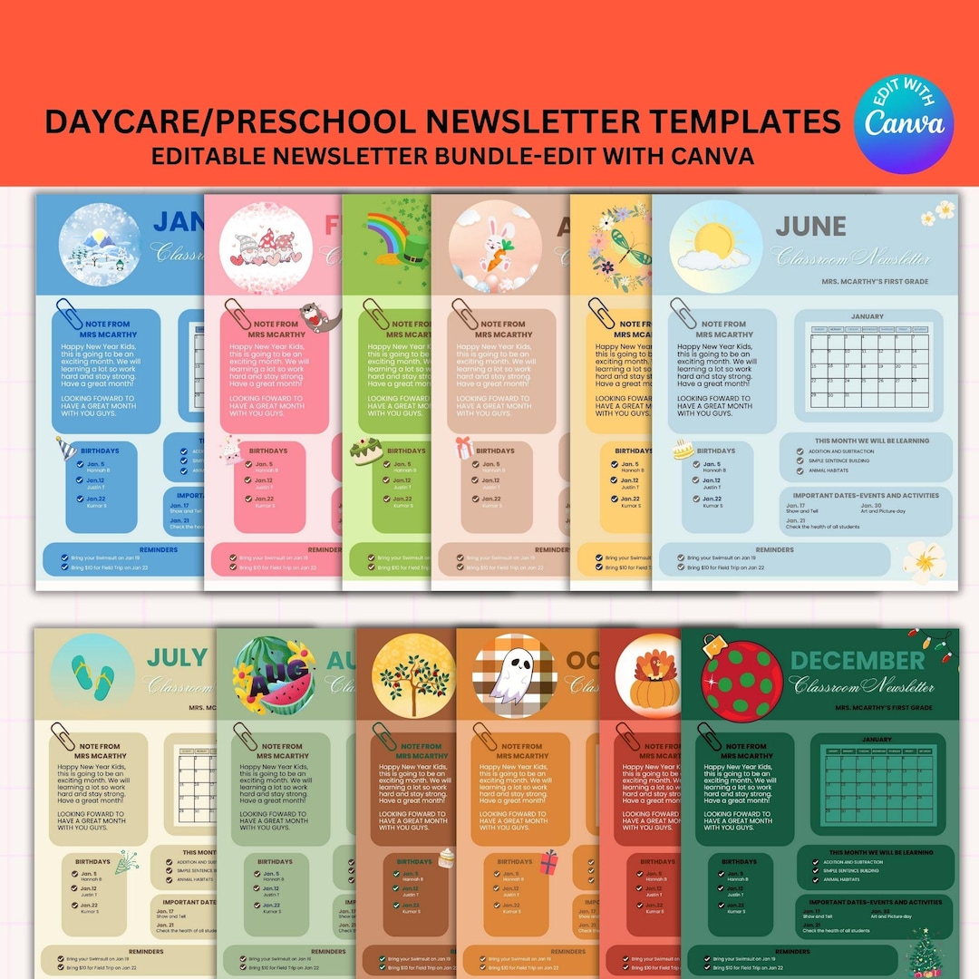 Daycare Newsletter Editable Template Bundle Monthly Classroom News ...