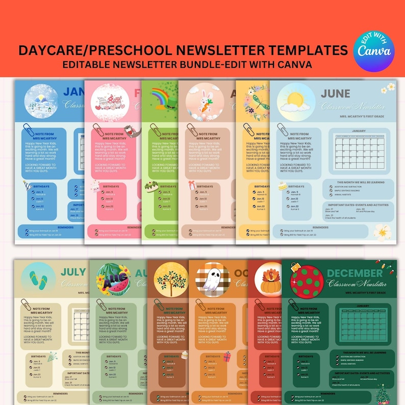 Daycare Newsletter Editable Template Bundle Monthly Classroom News ...