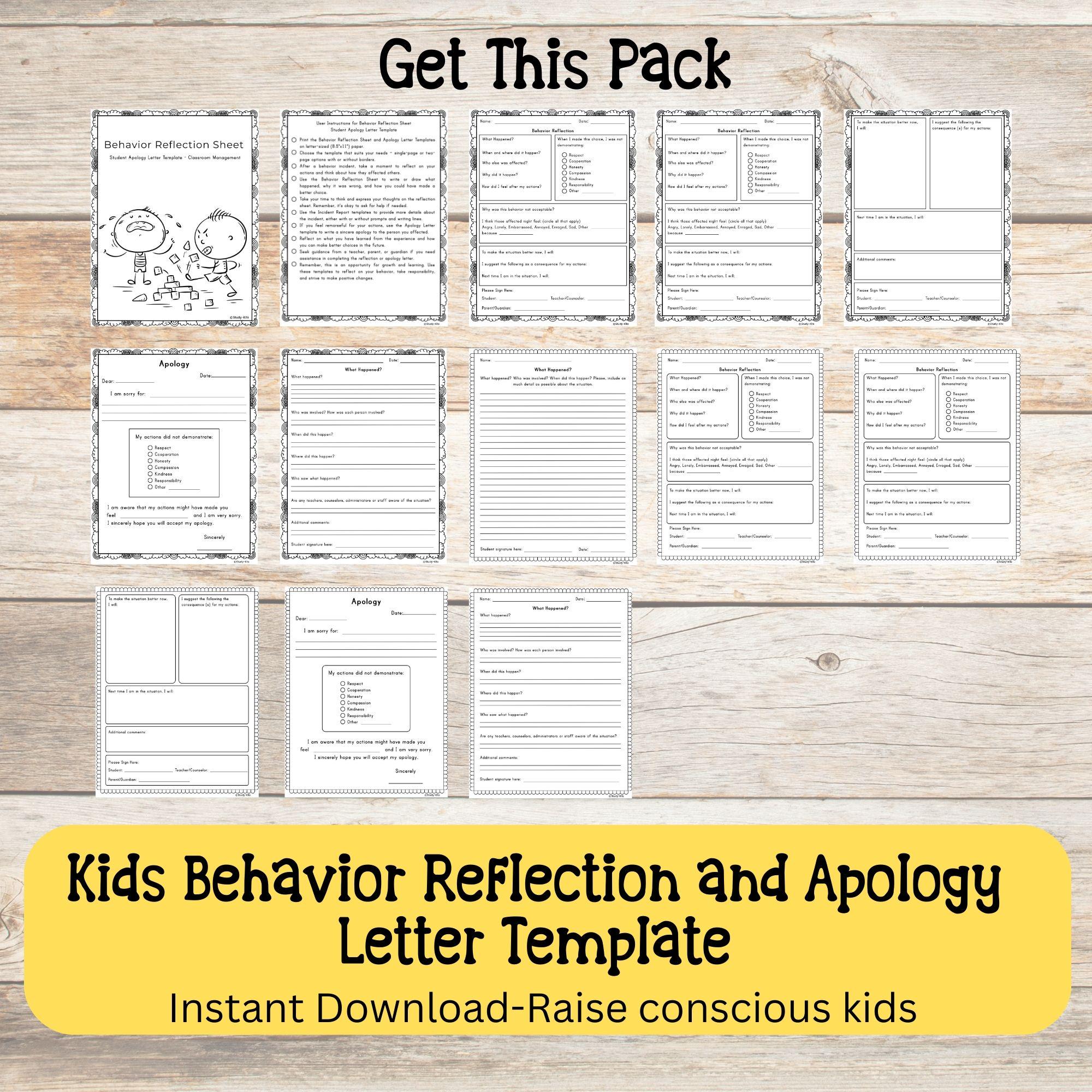Behavior Reflection and Apology Letter Kids Apology Template ...