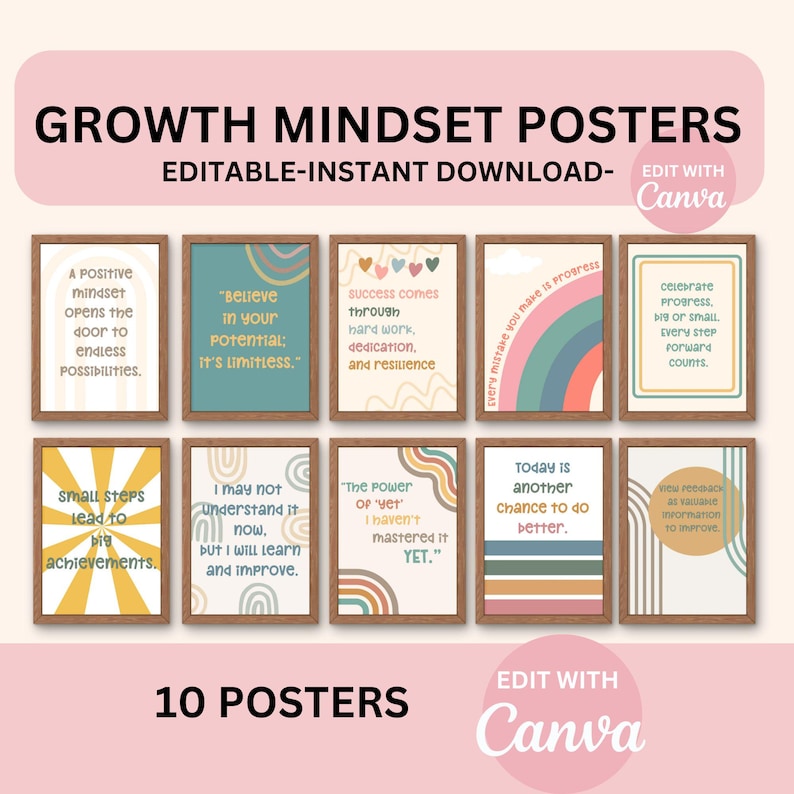 Growth Mindset Editable Classroom Printable Posters Modern Boho ...