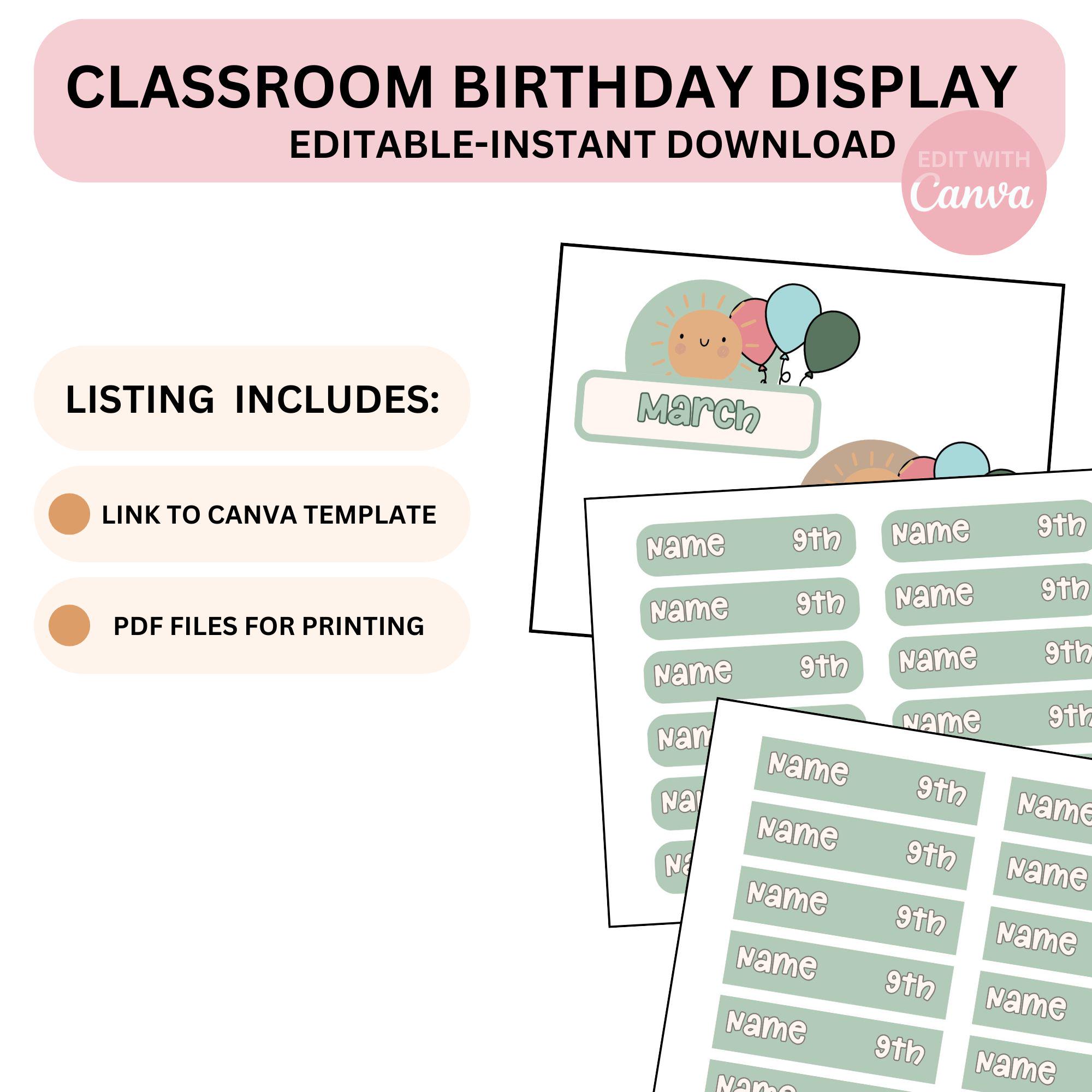 Classroom Birthday Printable Display Editable in Canva Boho Modern ...