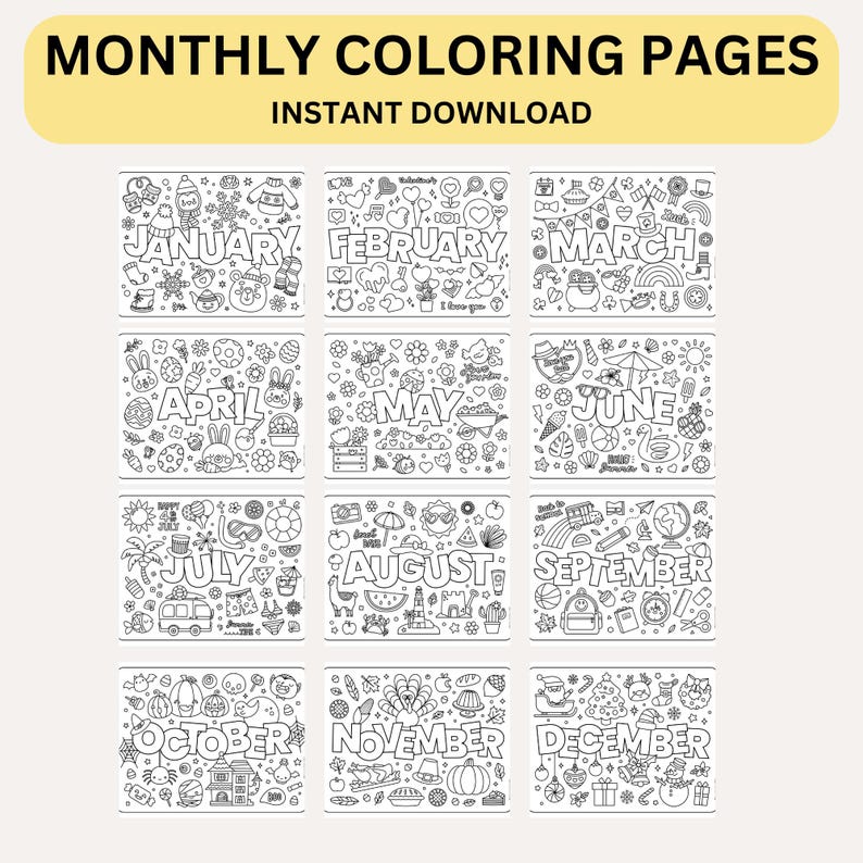 Monthly Coloring Pages: All 12 Months, Preschool Learning (digital ...