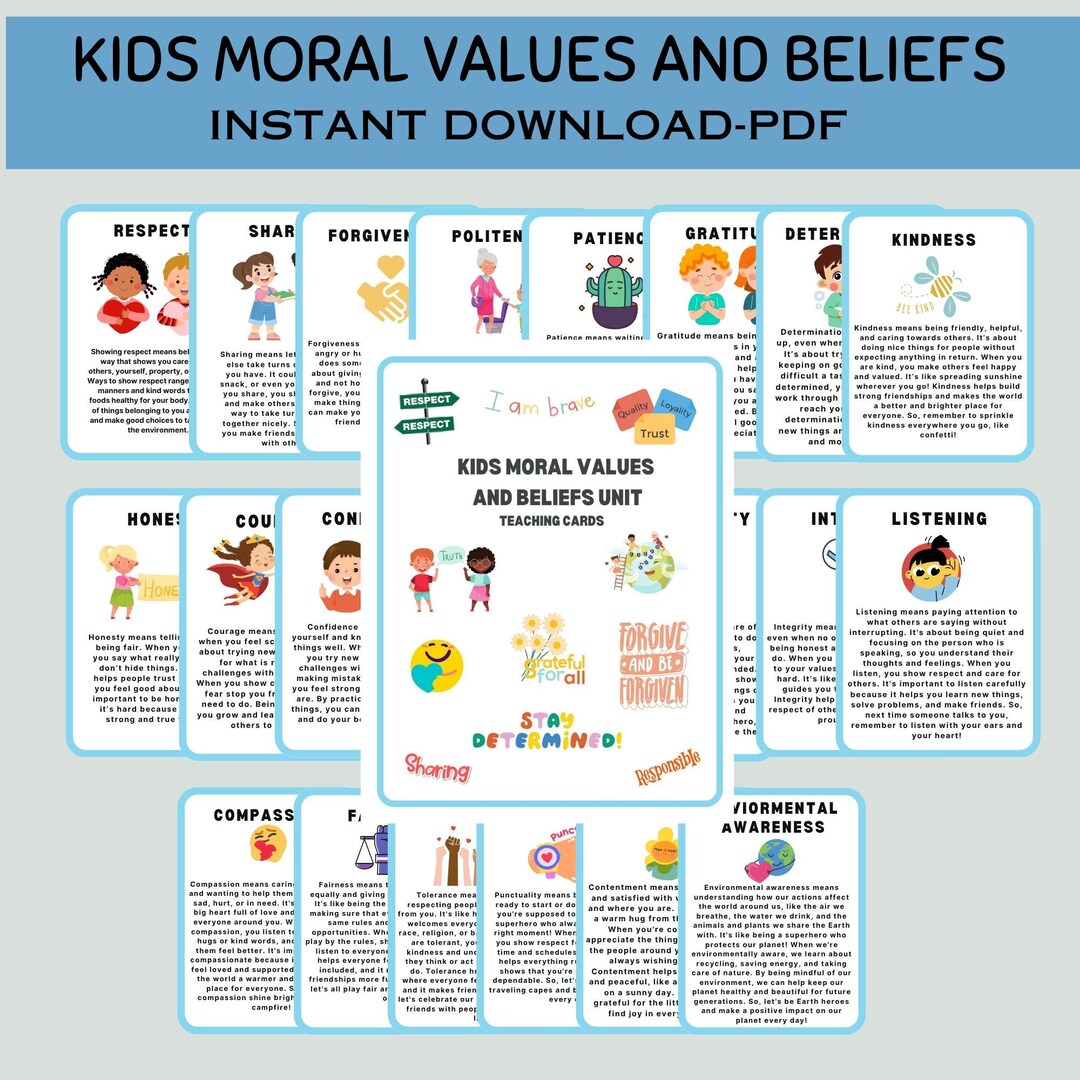Kids Moral Values and Beliefs Teaching Cards Autism Resources ADHD ...