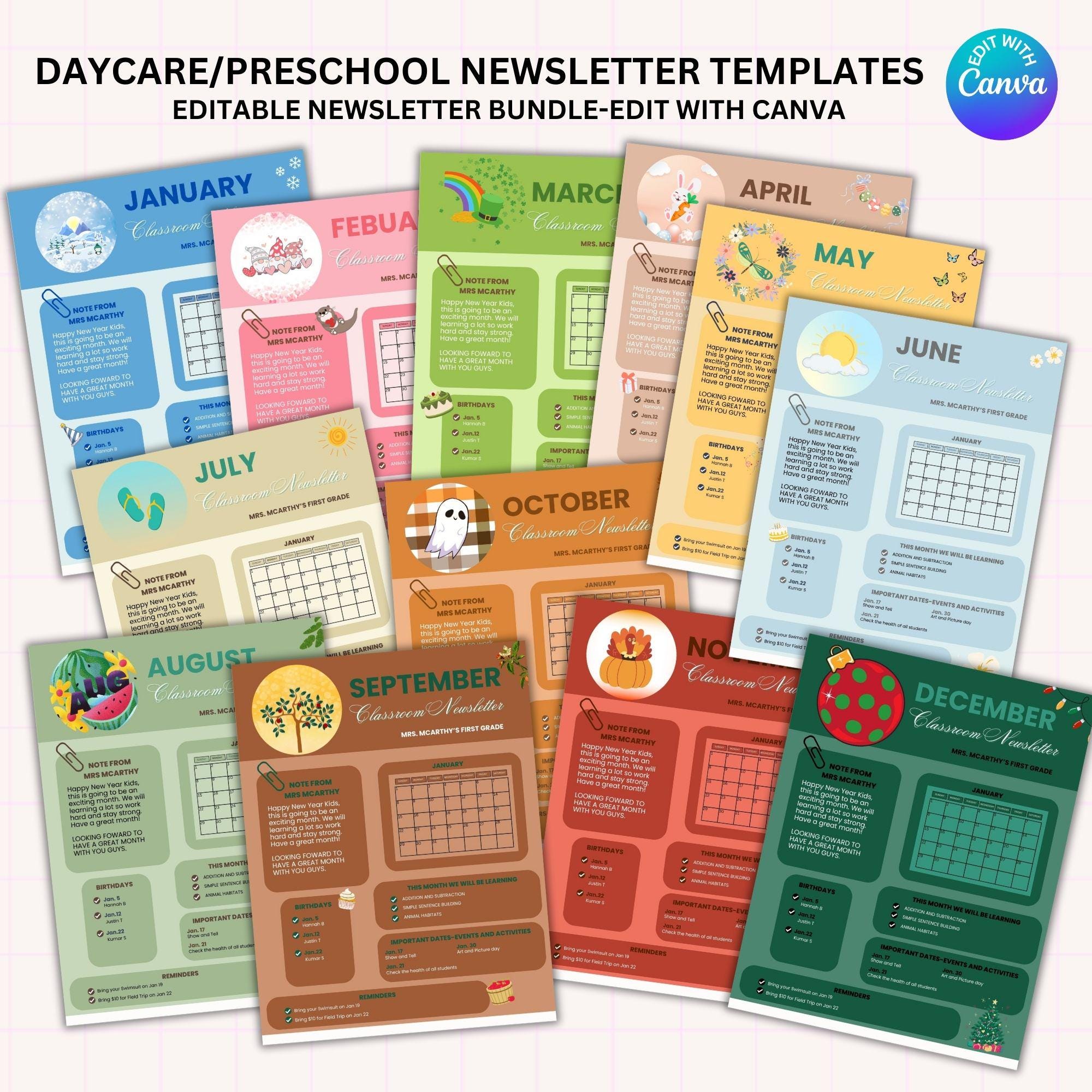 Daycare Newsletter Editable Template Bundle Monthly Classroom News ...