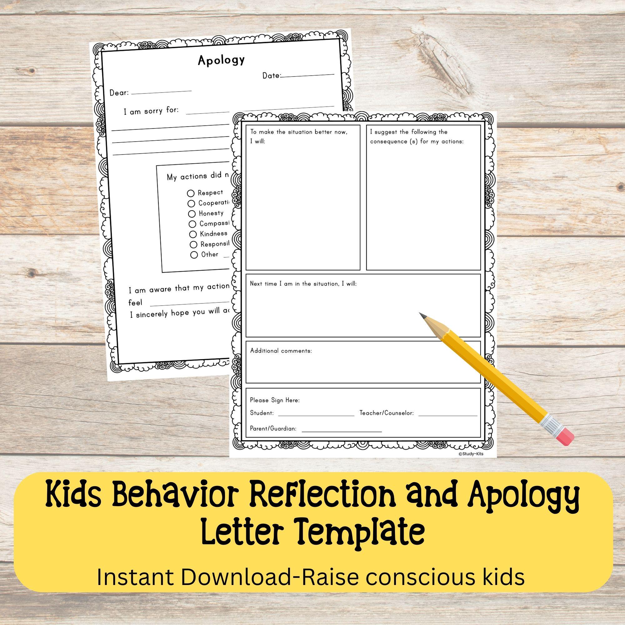 Behavior Reflection and Apology Letter Kids Apology Template ...