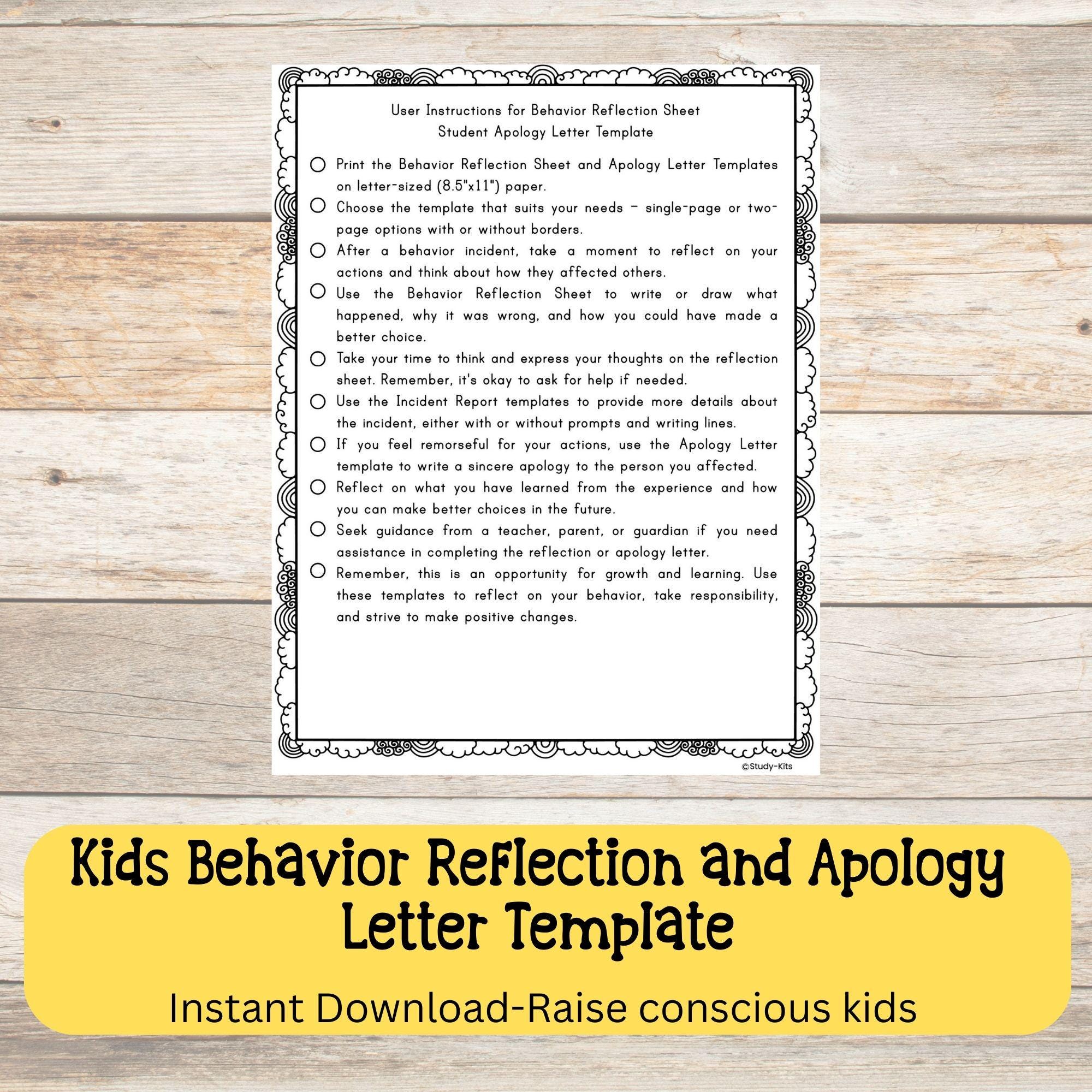 Behavior Reflection and Apology Letter Kids Apology Template ...