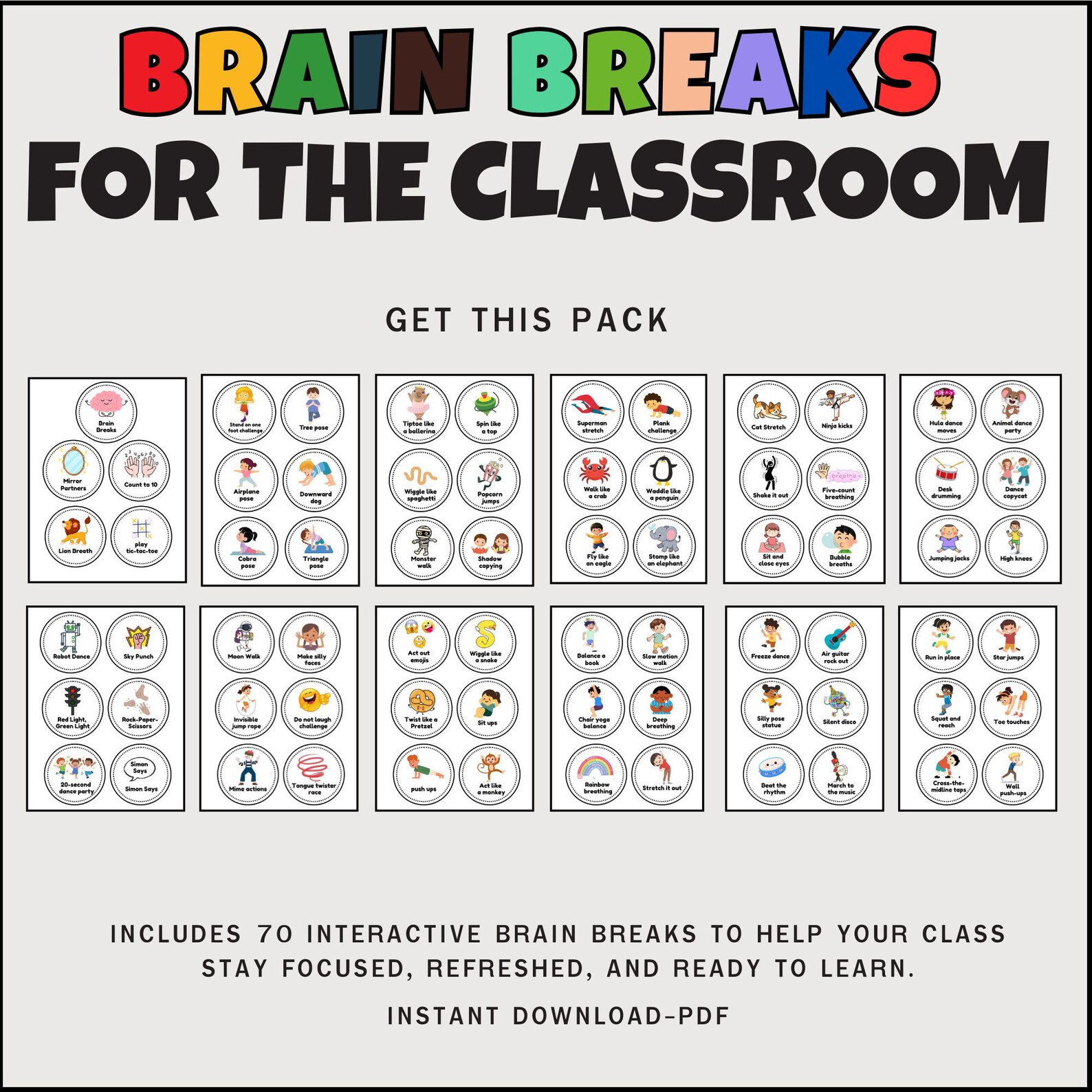 Brain Breaks Cards for Kids | Classroom Management | Movement Breaks ...