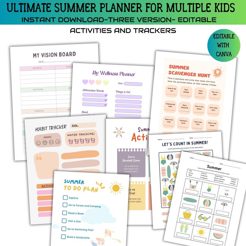 Printable Editable SUMMER Planner Bundle Summer Calendar Summer ...