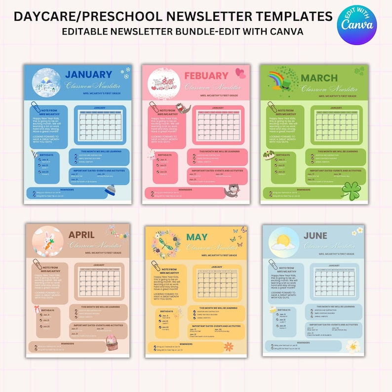 Daycare Newsletter Editable Template Bundle Monthly Classroom News ...
