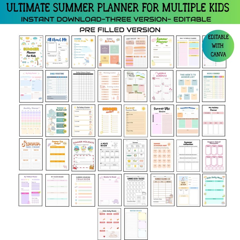 Printable Editable SUMMER Planner Bundle Summer Calendar Summer ...