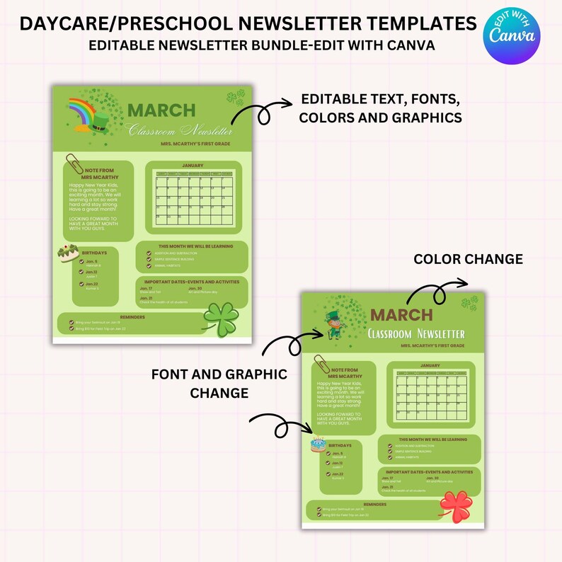 Daycare Newsletter Editable Template Bundle Monthly Classroom News ...