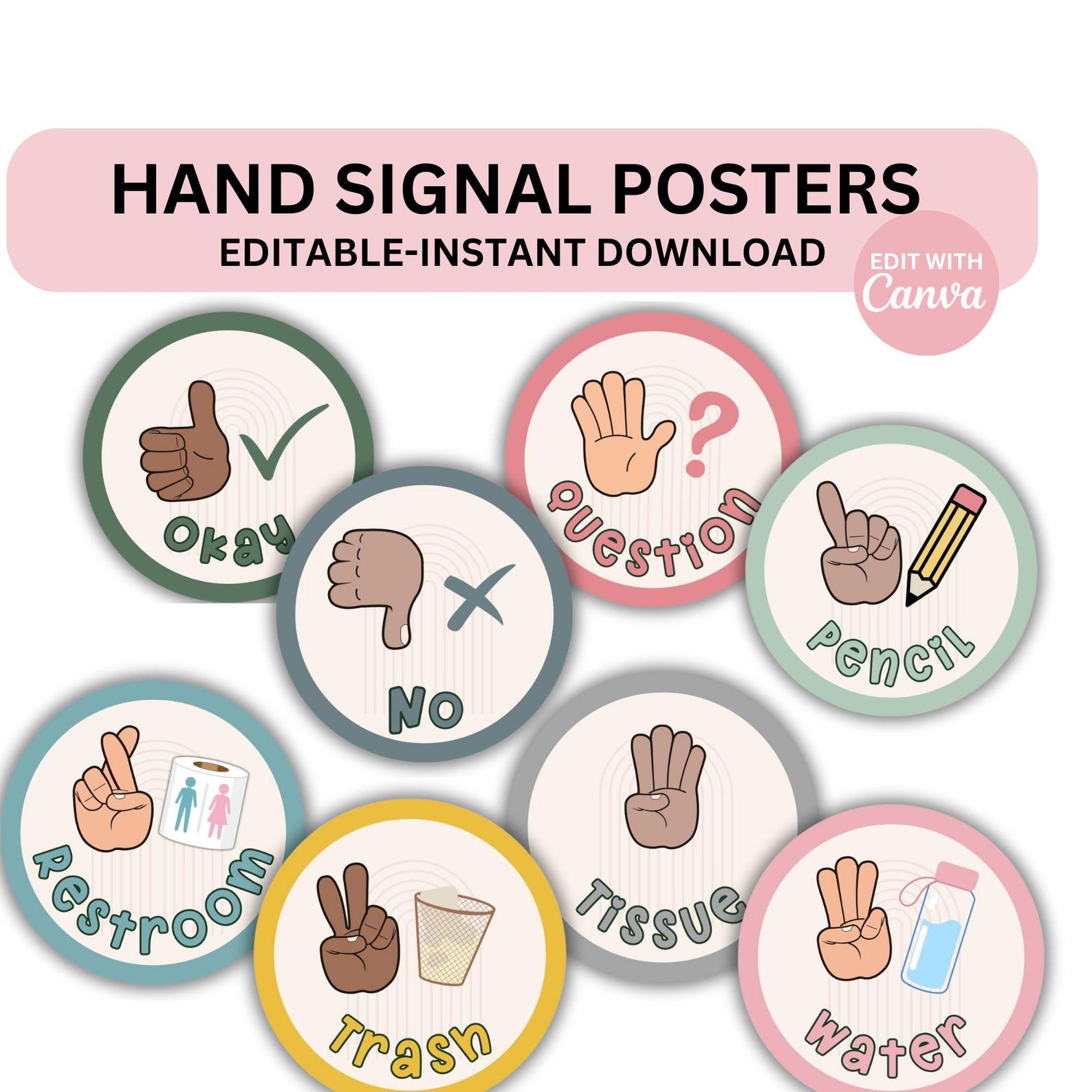 Classroom Hand Signals Poster Display Editable in Canva Boho Modern ...