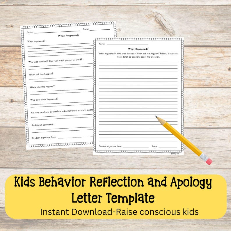 Behavior Reflection and Apology Letter Kids Apology Template ...