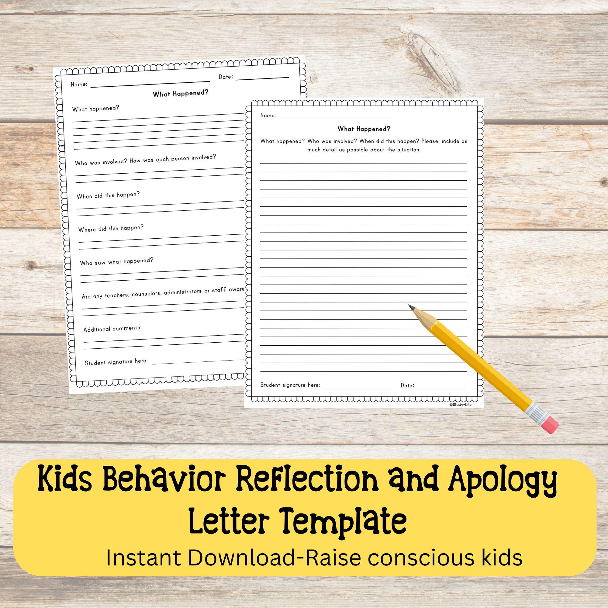 Behavior Reflection and Apology Letter Kids Apology Template ...