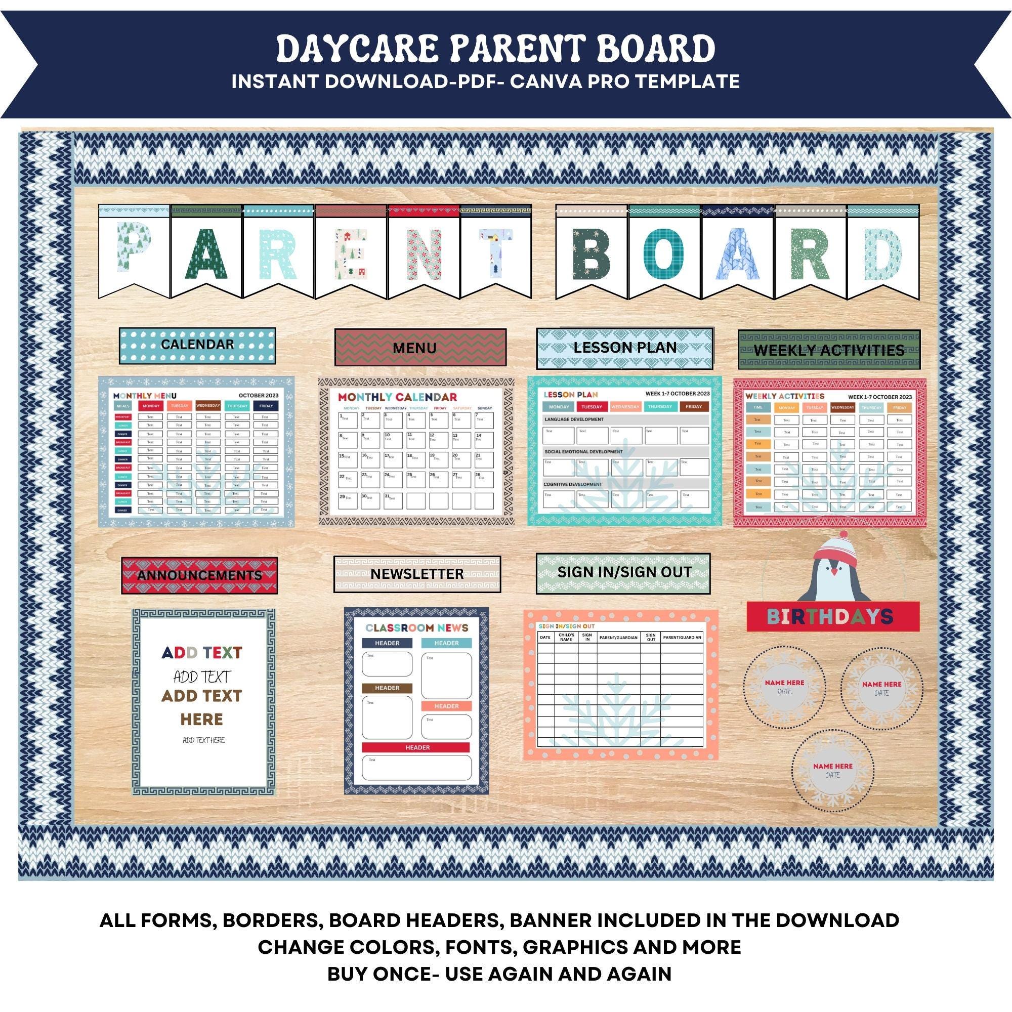Winter Daycare Parent Board Childcare Bulletin Board Canva Editable ...