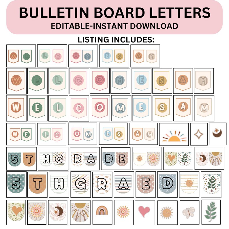 Classroom Bulletin Board Letters Editable in Canva Boho Modern ...