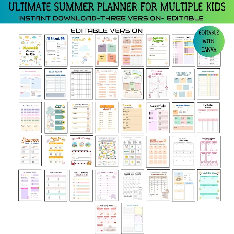 Printable Editable SUMMER Planner Bundle Summer Calendar Summer ...