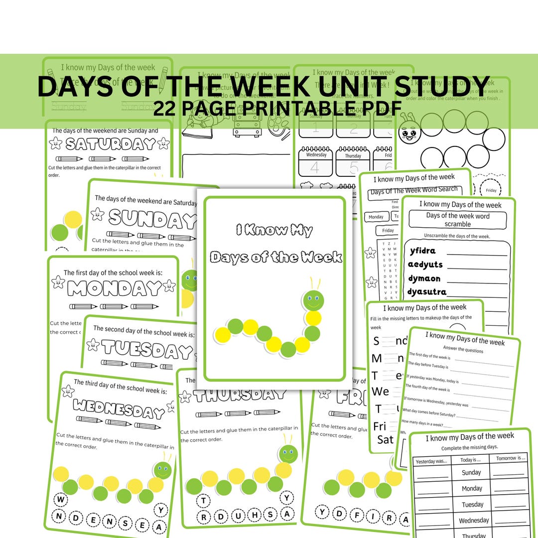 Days of the Week Printable Unit Study Calendar Preschool Kindergarten ...