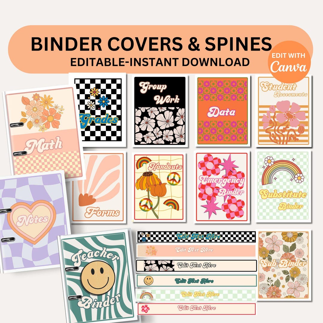 Classroom Binder Covers and Spines Editable Retro Teacher Organization ...