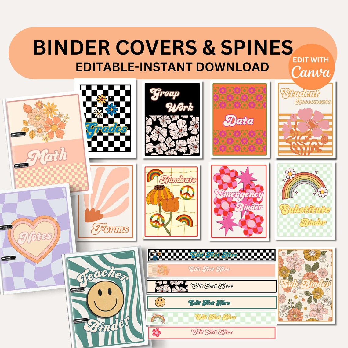 Classroom Binder Covers and Spines Editable Retro Teacher Organization ...