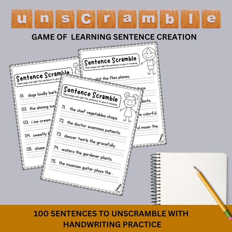 100 Sentence Writing Practice Worksheets Printable Unscramble and ...
