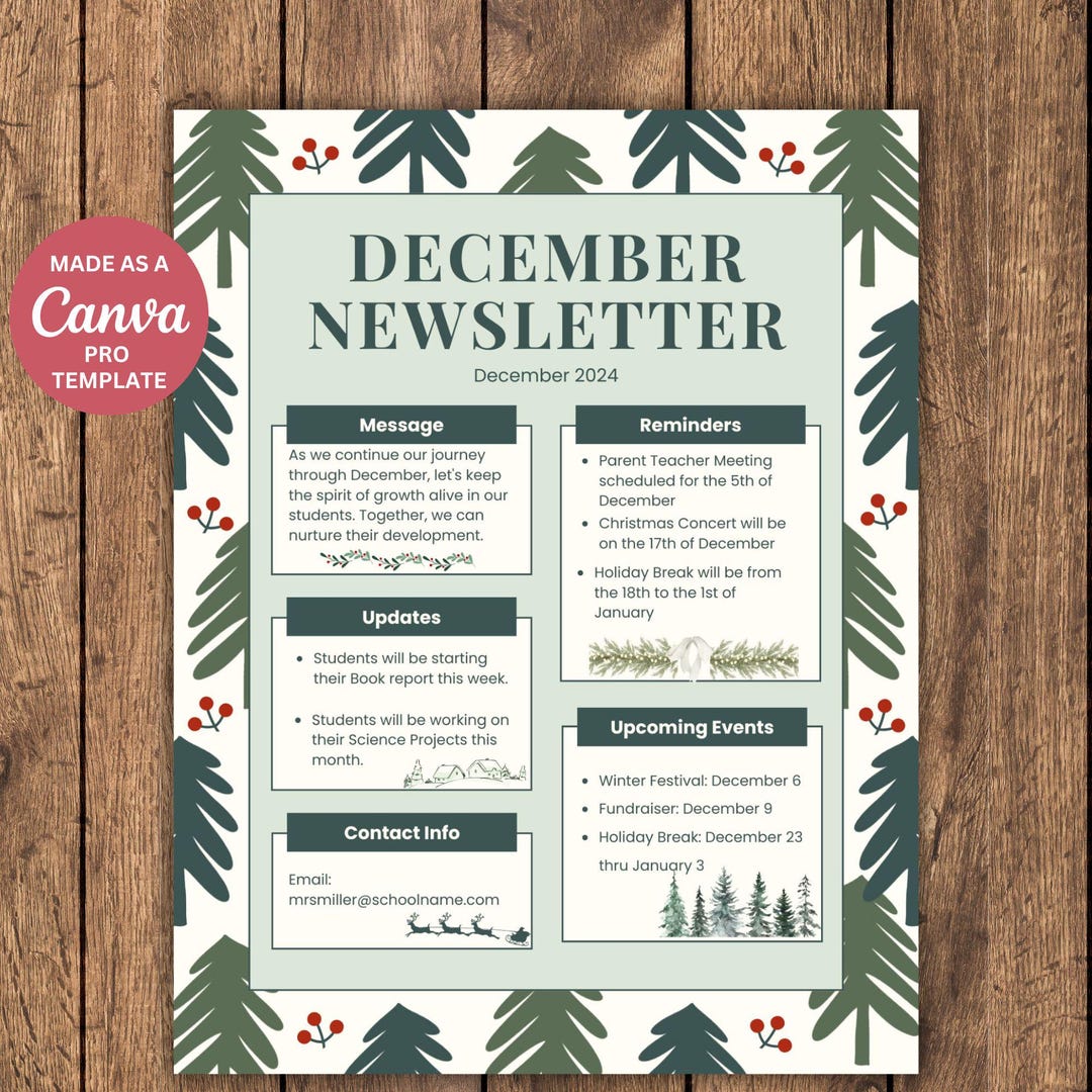December Christmas School Newsletter Template Canva Pro - Etsy