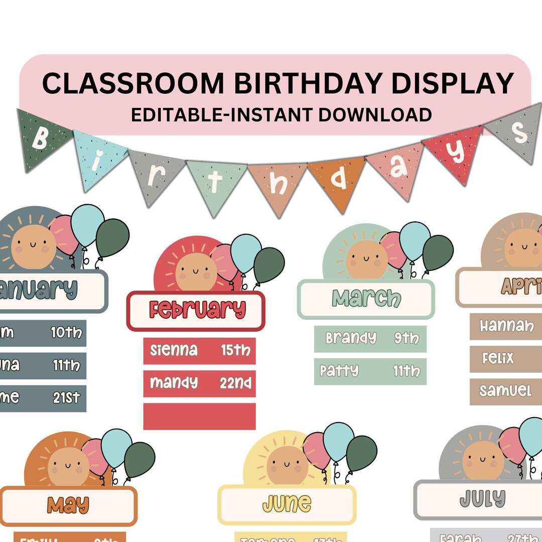 Classroom Birthday Printable Display Editable in Canva Boho Modern ...