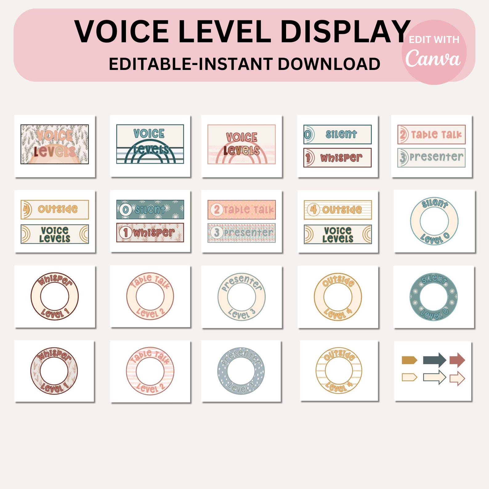 Voice Level Chart Classroom Printable Display Editable in Canva Boho ...