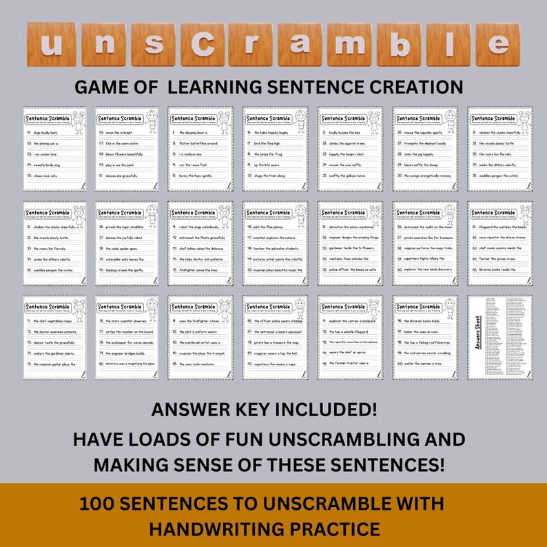 100 Sentence Writing Practice Worksheets Printable Unscramble and ...