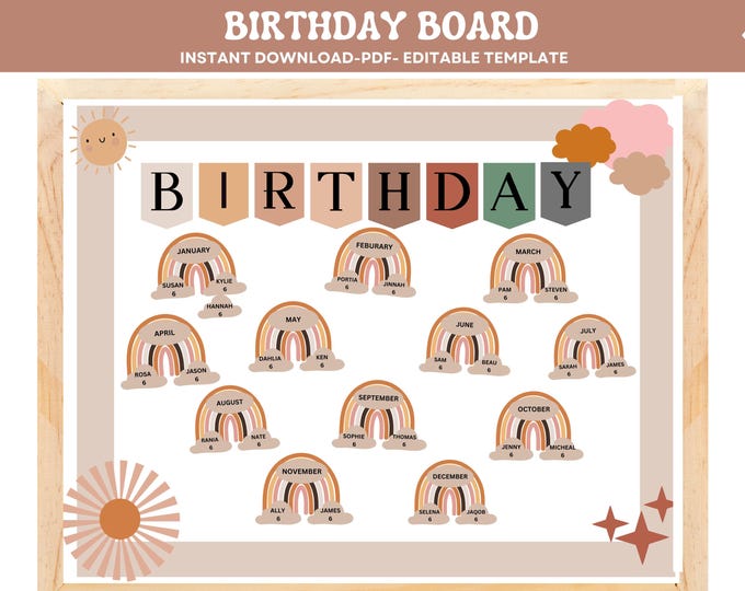 Boho Rainbow Birthday Classroom Display | Classroom Monthly Birthday ...
