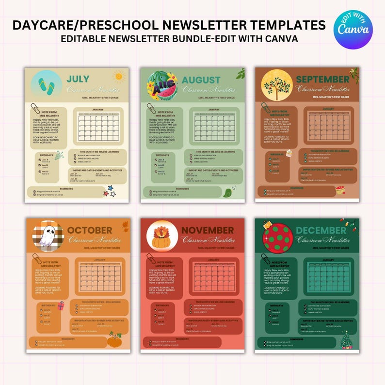 Daycare Newsletter Editable Template Bundle Monthly Classroom News ...