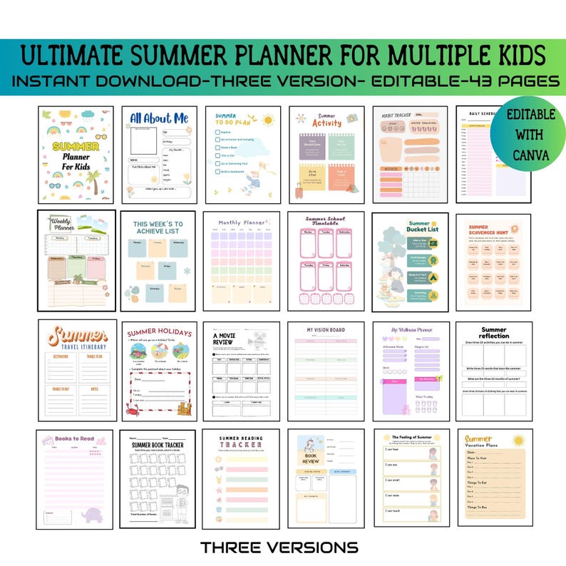 Printable Editable SUMMER Planner Bundle Summer Calendar Summer ...