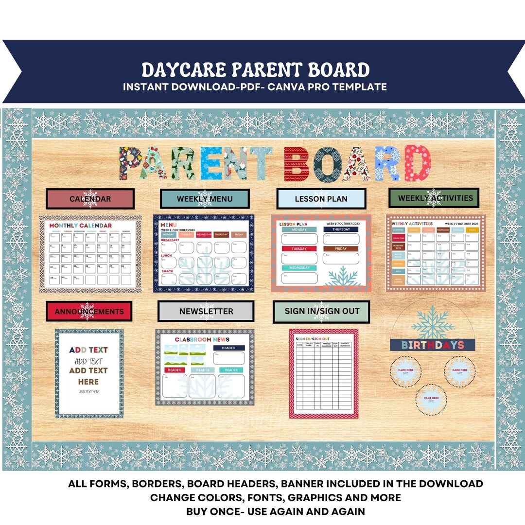 Winter Daycare Parent Board Childcare Bulletin Board Canva Editable ...