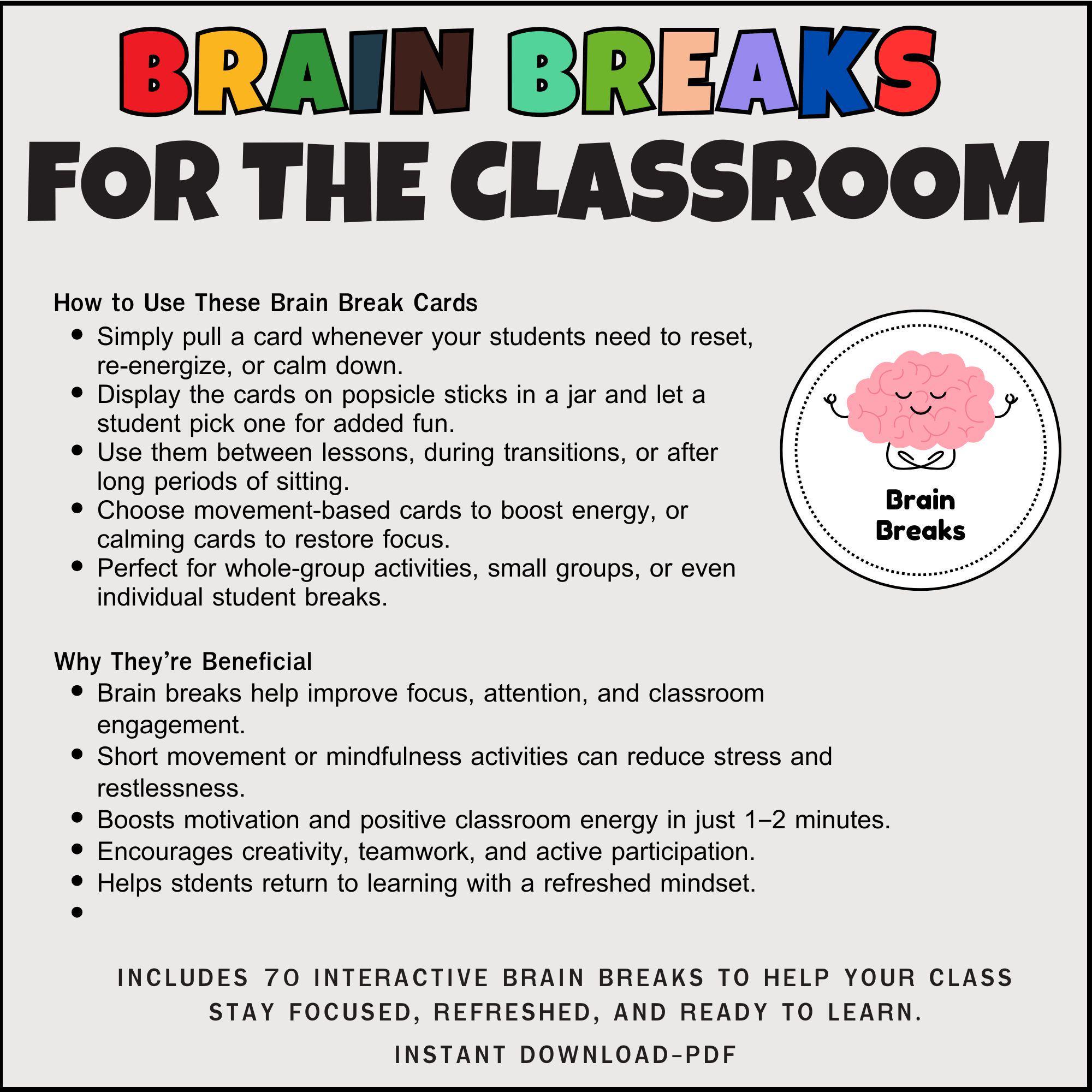 Brain Breaks Cards for Kids | Classroom Management | Movement Breaks ...