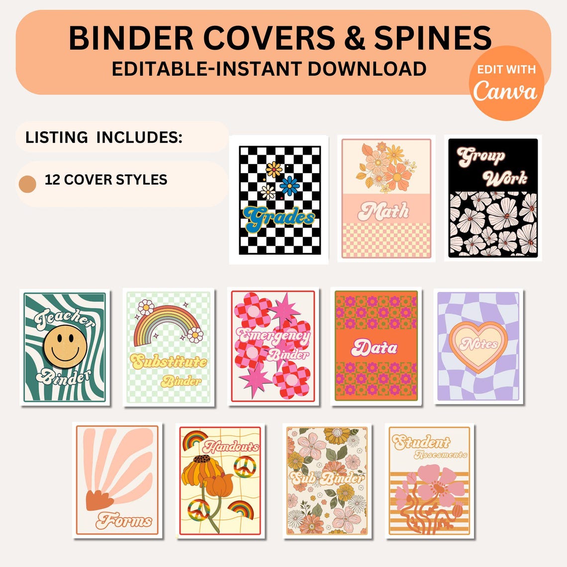 Classroom Binder Covers and Spines Editable Retro Teacher Organization ...