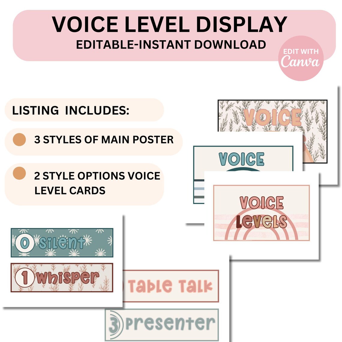 Voice Level Chart Classroom Printable Display Editable in Canva Boho ...
