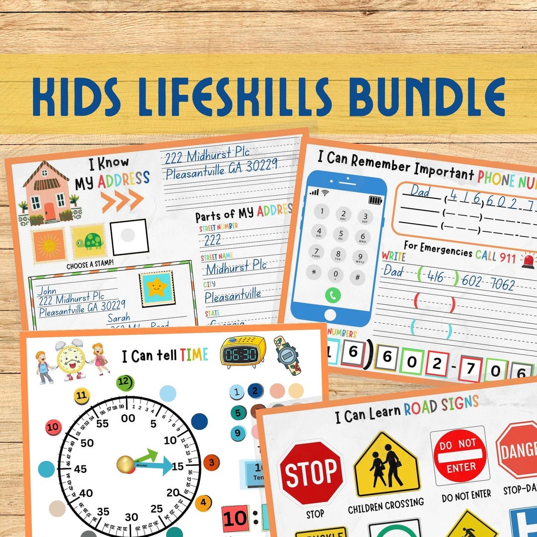 Life Skills for Kids Printable Bundle Learn to Tell Time Phone Number ...